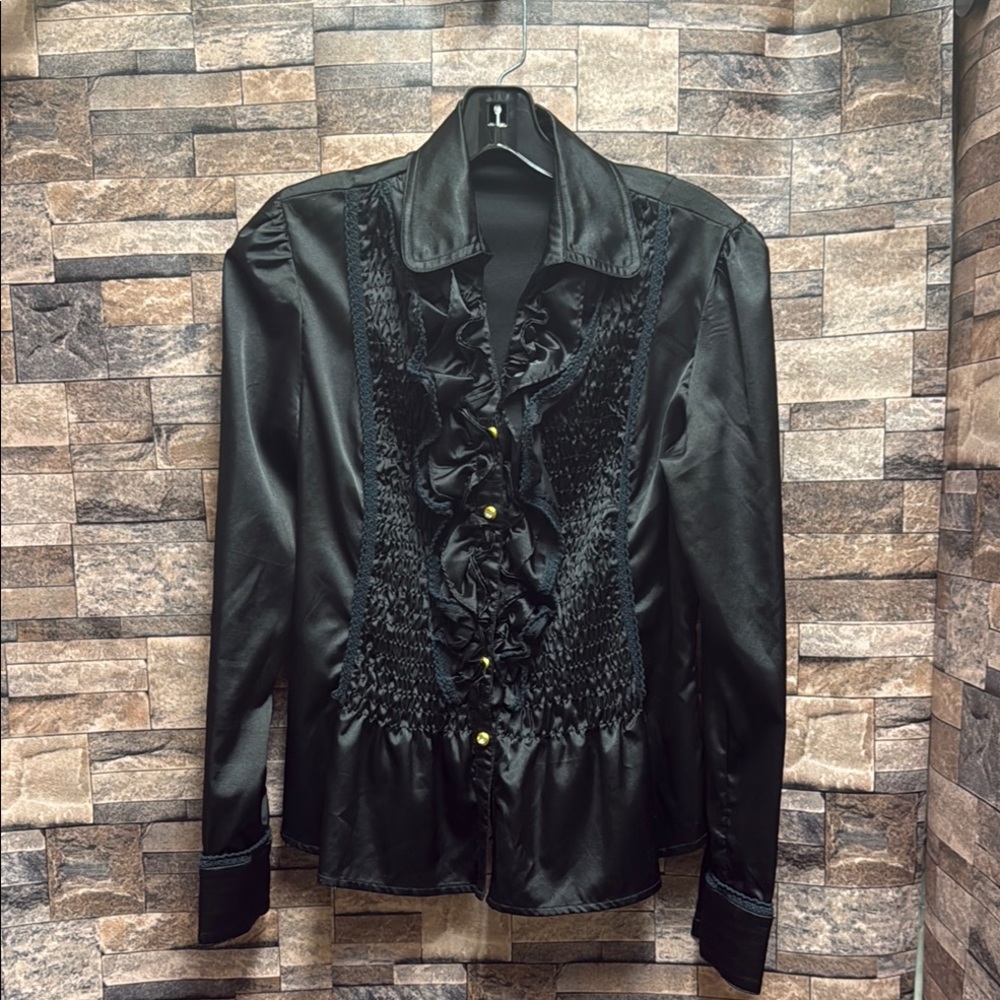 Posh Black Satin Blouse With Ruffle Accents - Gem
